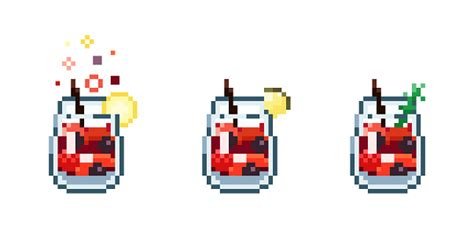 픽셀 아트 상그리아 칵테일 세트 상그리아 칵테일 음료의 픽셀 모자이크 유리의 복고풍 90 년대 게임 8 비트 아이콘 게임 및 스티커에 대한 벡터 픽셀 클래식 파티 음료 16