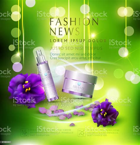 제비 꽃과 Bokeh와 녹색 배경에 단지 벡터 현대적인 디자인 판매 템플릿 화장품 얼굴 크림 바디에 대 한 광고에 대 한 요소입니다 현실적인 3d 그림입니다 배너 전단지