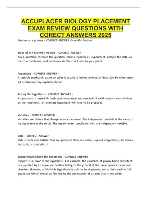 Accuplacer Biology Placement Exam Review Questions With Corect Answers 2025 Accuplacer Stuvia Us