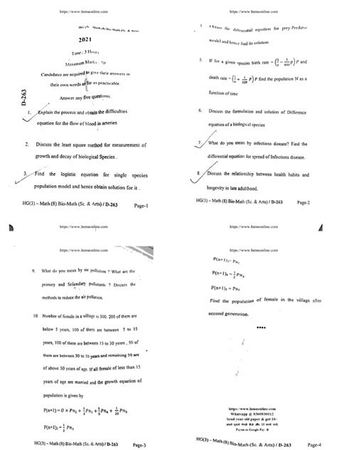 Ba Bsc Part 3 Hons Mathematics Bio Mathematics Paper 8 D 263 2021 Pdf