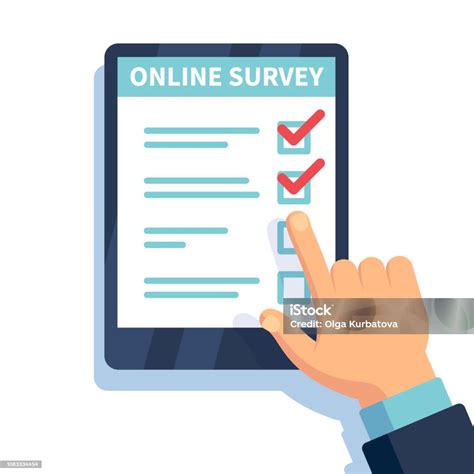 온라인 설문 조사입니다 인터넷 측량 시험 형식으로 태블릿을 들고 손에 모바일 설문 조사 고객 투표 벡터 설문지에 대한 스톡 벡터 아트 및 기타 이미지 Istock