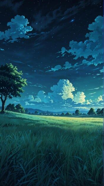 Grassy Field With A Night Sky And Clouds Above It And Trees Anime Style