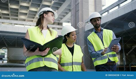 Civil Engineering Teamwork And City Planning Tablet Data Or Blueprint For Outdoor Building