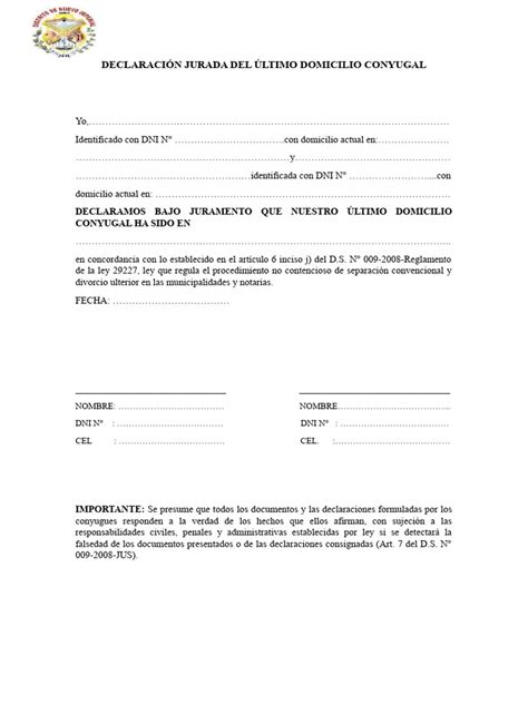 Declaración Jurada De Divorcio Ulterior Pdf Divorcio Propiedad De