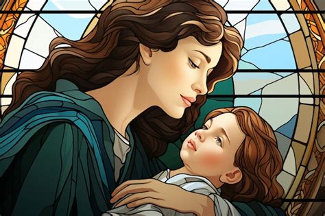 Madre Que Cuida A Su Hijo Bono De Amor Ilustraci N Minimalista De Vidrio Pintado De Colores