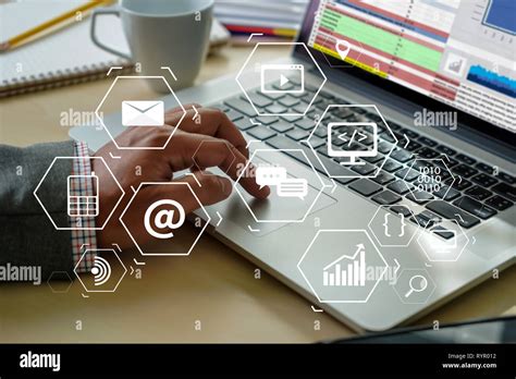 Man Using Tablet Computer Virtual Interface Graphic Icons Network