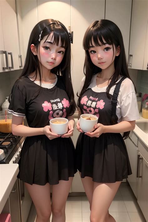 음식 그릇을 들고 흑백 의상을 입은 아시아 소녀 2명 Seaart Ai