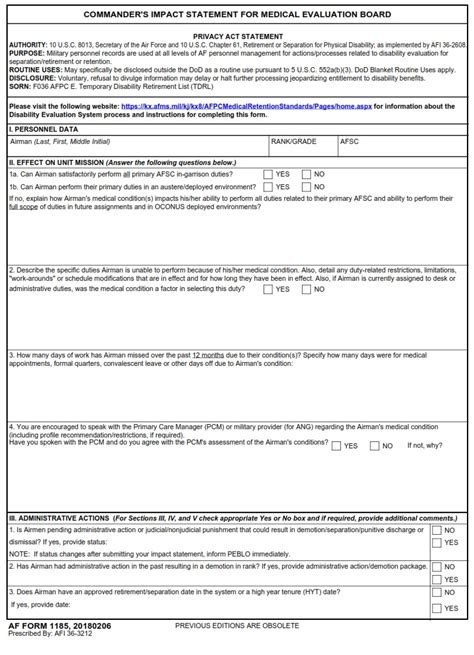 Af Form 1185 Commanders Impact Statement For Medical Evaluation