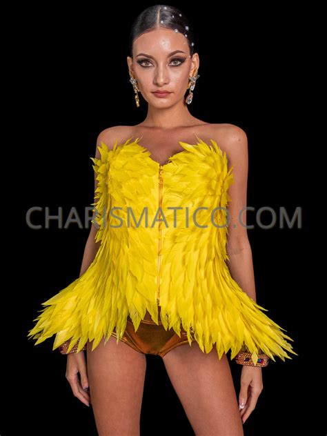 Yellow Feather Swan Showgirl Flare Corset And Jacket Set