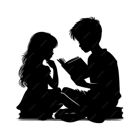 Мальчик и девочка читают книгу силуэт векторной иллюстрации Премиум