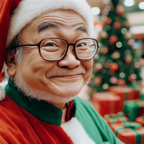 따뜻한 미소를 짓고 있는 한국인 산타할아버지가 온화한 미소를 지으며 있는 모습 뒷배경에는 크리스마스 트리와 선물들이 놓여져 있음