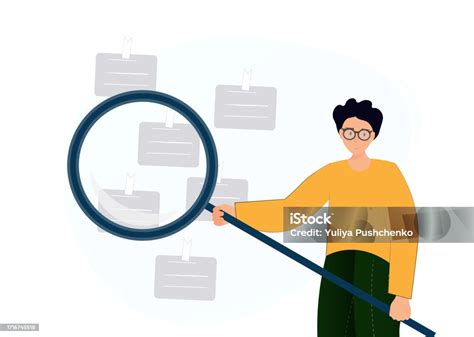 돋보기로 노트를 보고 정보를 검색하고 계획 및 관리하고 평면 벡터 일러스트레이션을 하는 사람 검사 보기에 대한 스톡 벡터 아트 및 기타 이미지 Istock