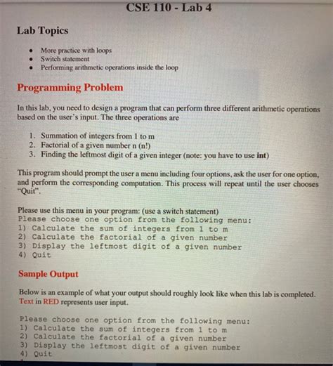 Cse 110 Lab 4 Lab Topics More Practice With Loops • Switch Statement • Performing Arithmetic