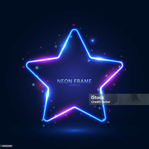 짙은 파란색 배경에 빛나는 효과와 하이라이트가 있는 네온 별 모양의 프레임 0명에 대한 스톡 벡터 아트 및 기타 이미지 0명 3차원 형태 Led 조명 Istock