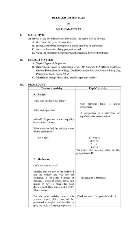 Sample Lesson Plan Na Detailed Lesson Plan In Mathematics Vi I