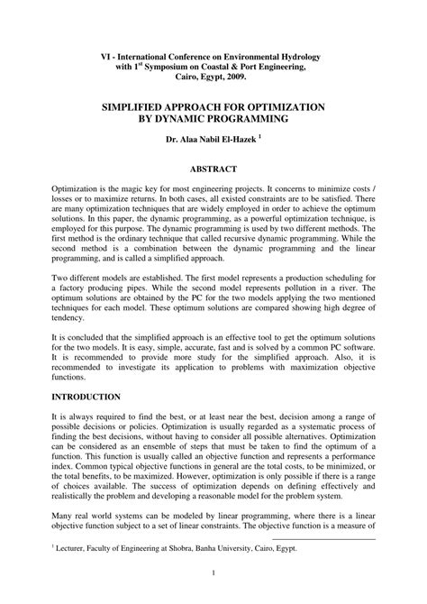 pdf simplified approach for optimization by dynamic programming