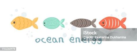 카드 바다 에너지 귀여운 만화 녹색 노란색 회색 빨간색 물고기 바다 분위기 포스터 인쇄 아이 의복 장식 스티커를 위한 디자인 벡터 일러스트 레이 션 T 셔츠에 대한 스톡