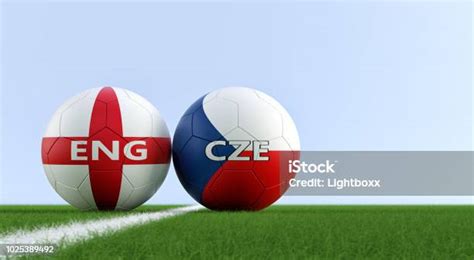 체코 공화국 대 잉글랜드 축구 경기축구공 축구장에 체코 공화국 및 영국 국가 색깔에서 복사 공간 오른쪽3d 렌더링 0명에 대한