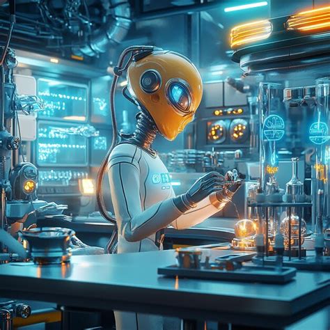 Robotic Scientist Conducting Experiments Premium Ai Generated Image