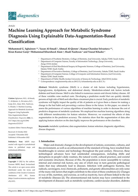 PDF Machine Learning Approach For Metabolic Syndrome Diagnosis Using