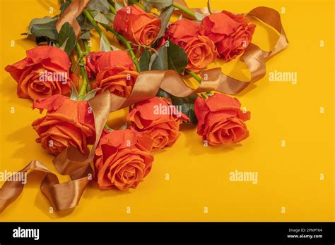 Bouquet Of Fresh Bright Roses On Orange Background Romantic T
