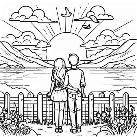 Coloriage Couple regardant le coucher du soleil télécharger et