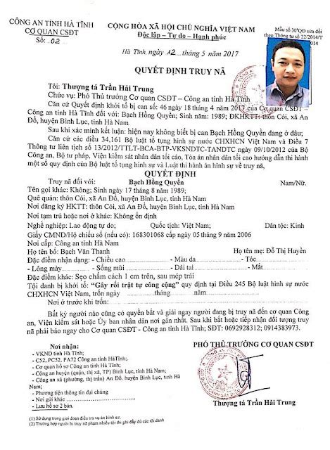 Quyết định truy nã đối tượng gây rối Bạch Hồng Quyền