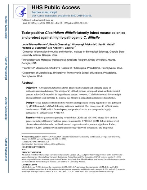 Pdf Toxin Positive Clostridium Difficile Latently Infect Mouse