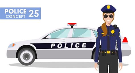 員警的概念女員警和警車的詳細例證在平的樣式在白色背景向量例證向量圖形及更多女警察圖片 女警察 Businesswear Formal