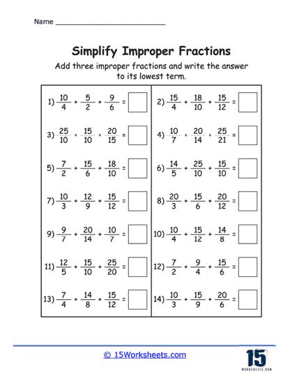 Simplifying Improper Fractions Worksheets Reduce 15