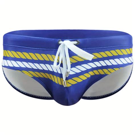 Uxh Mens Rope Pattern Swimsuit Briefs Drawstring Sexy Low Waist Bikini
