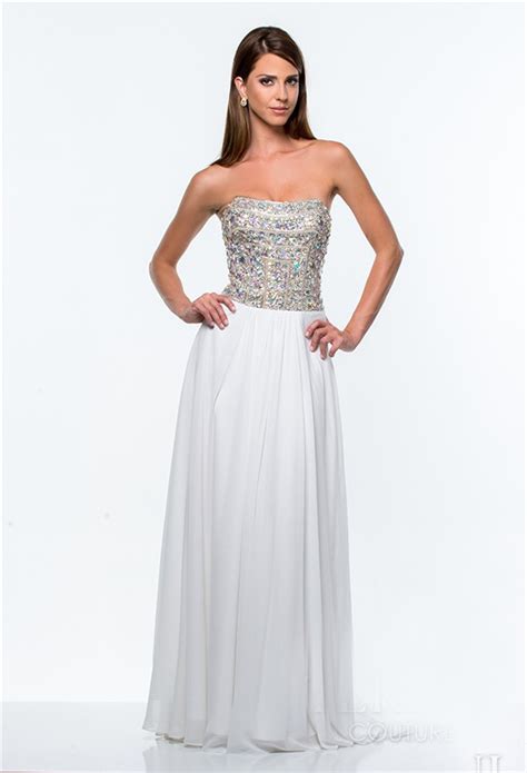 A Line Strapless Long White Chiffon Rhinestone Beaded Prom Dress