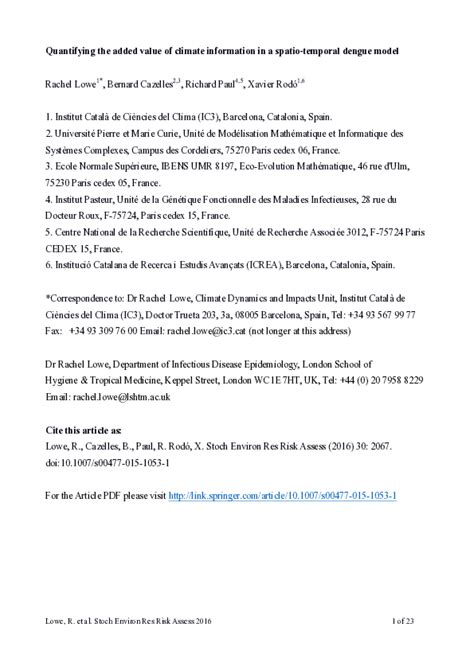 Pdf Quantifying The Added Value Of Climate Information In A Spatio Temporal Dengue Model