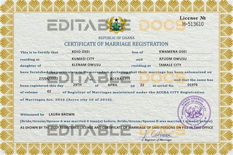 Ghana Marriage Certificate Editable Psd Templates