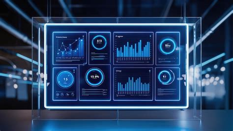 A Futuristic Digital Display With Glowing Blue Graphs And Data Visualizations In A Glass Case