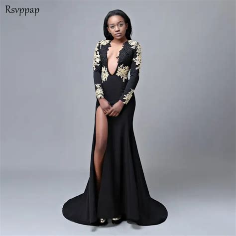 Long Sexy Prom Dresses 2019 V Neck Long Sleeve Backless High Slit