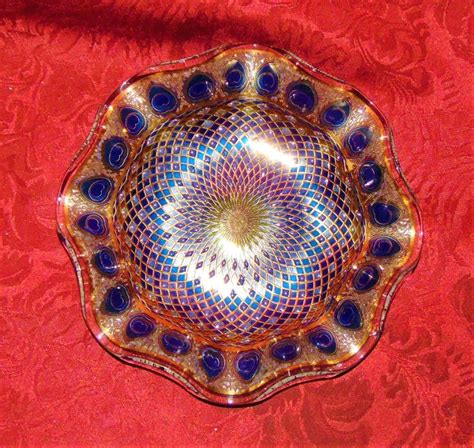 Art Glass Enameled Fluted Eye Of The Peacock Feather Blue And Gold