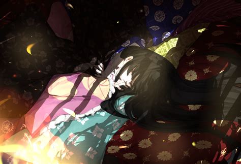 Safebooru 1girl Black Hair Blanket Closed Mouth Fingernails Floral