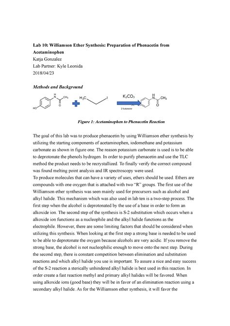 Lab 10 Williamson Ether Synthesis Preparation Of Phenacetin From