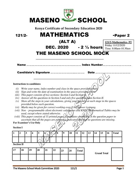 Maths Paper 2 2020 Maseno School Kenya Certificate Of Secondary Education 2020 121 2