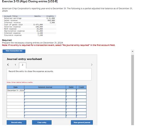 Solved Exercise 2 13 Algo Closing Entries Lo2 8 American