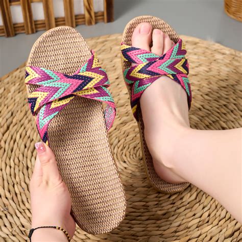 Women Linen Slippers Lightweight Indoor Slippers Anti Slip Home Couple