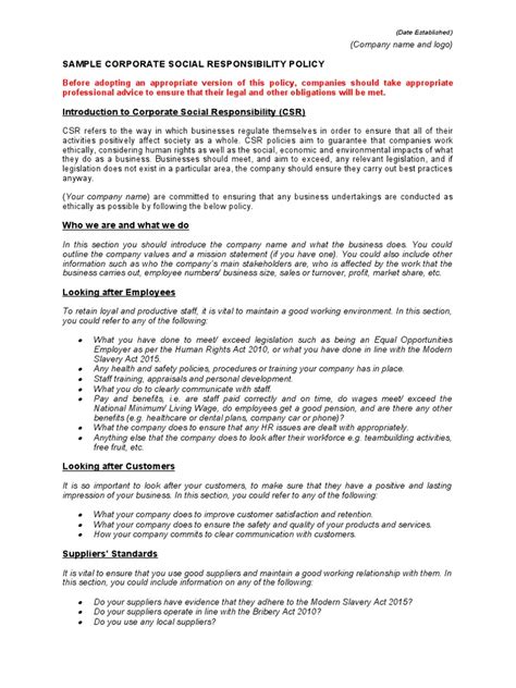 Sample Corporate Social Responsibility Policy Pdf Corporate Social