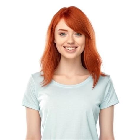 Premium Ai Image A Woman With Red Hair Wearing A Blue Shirt That Says