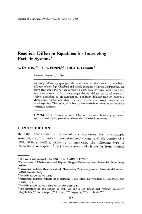 Pdf Reaction Diffusion Equations For Interacting Particle Systems