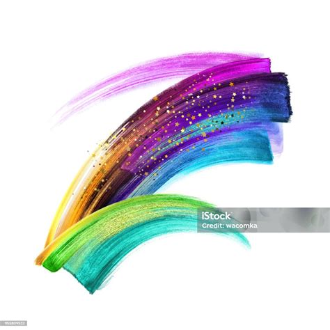 크리에이 티브 브러시 획 클립 아트 흰색 배경 동적 수채화 얼룩 색 네온 페인트 질감 블루 바이올렛 골드 핑크 아크릴 그런 지 레인 보우에 고립 때리기에 대한 스톡 사진 및
