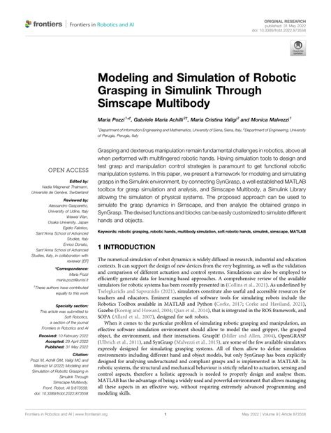 PDF Modeling And Simulation Of Robotic Grasping In Simulink Through Simscape Multibody