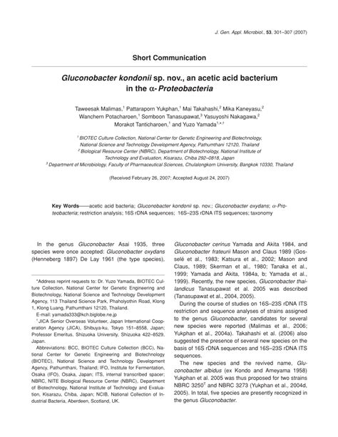 Pdf Gluconobacter Kondonii Sp Nov An Acetic Acid Bacterium In The Alpha Proteobacteria