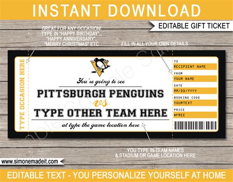Pittsburgh Penguins Game Ticket Gift Voucher Printable Surprise