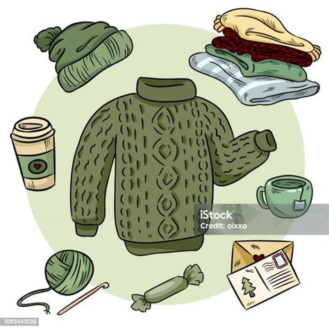 겨울 크리스마스 아늑한 설정 한다면 귀여운 Hygge 스티커입니다 아늑한 겨울 항목의 컬렉션입니다 스웨터 모자 커피 머그잔